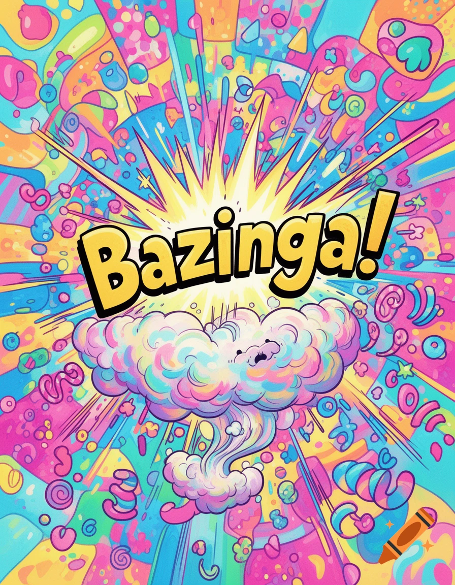 Vibrant cartoon explosion with the word 'Bazinga!' in yellow, over a ...