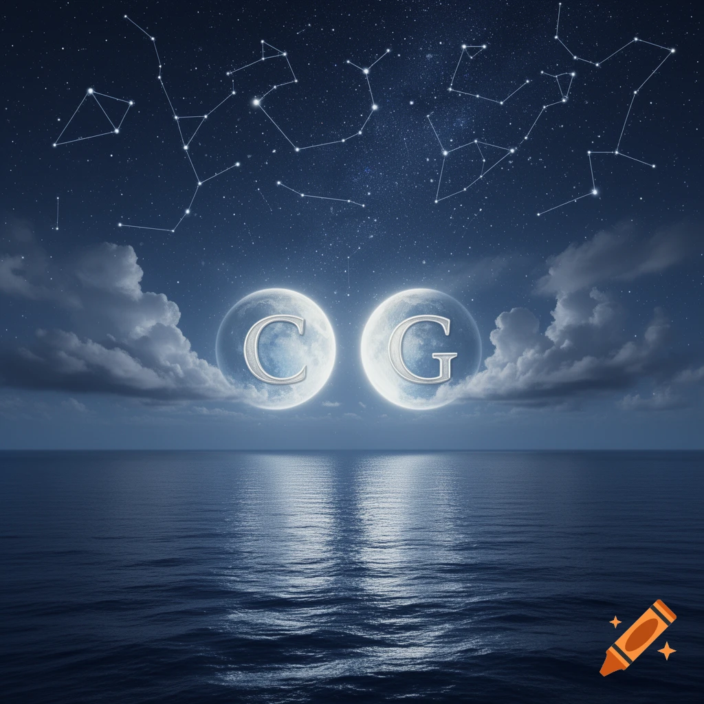 Two luminous orbs with the letters C and G float above a moonlit ocean ...