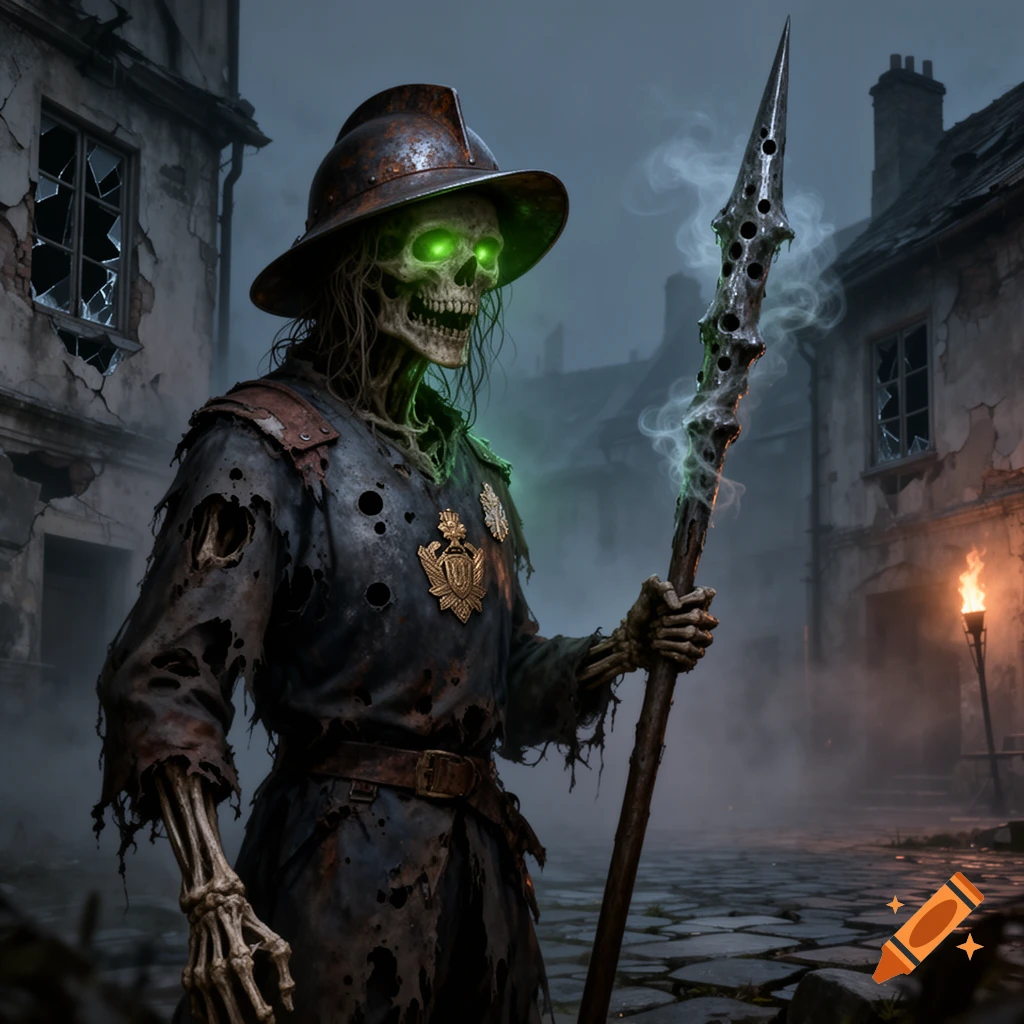 A grim skeletal zombie in a tattered guard uniform and helmet, holding ...