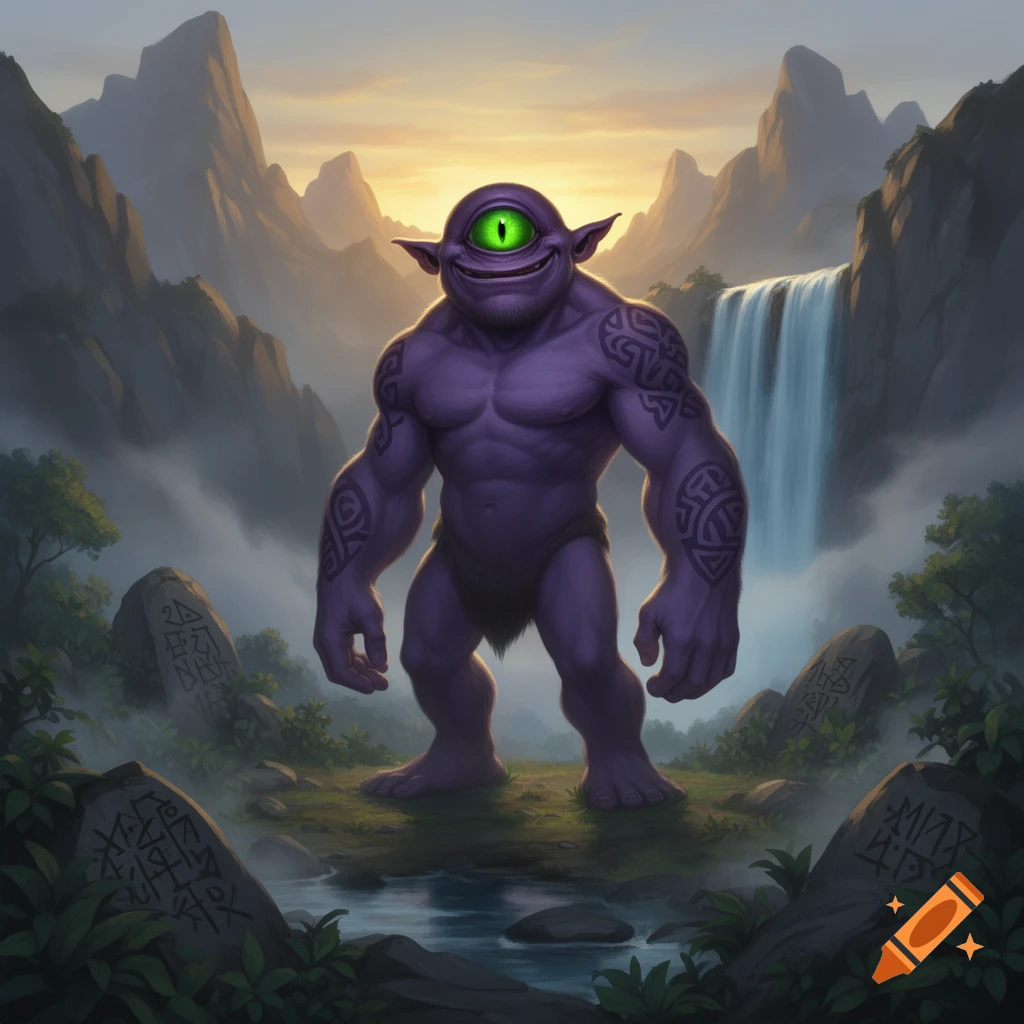 A smiling purple cyclops with a single green eye stands in a misty ...