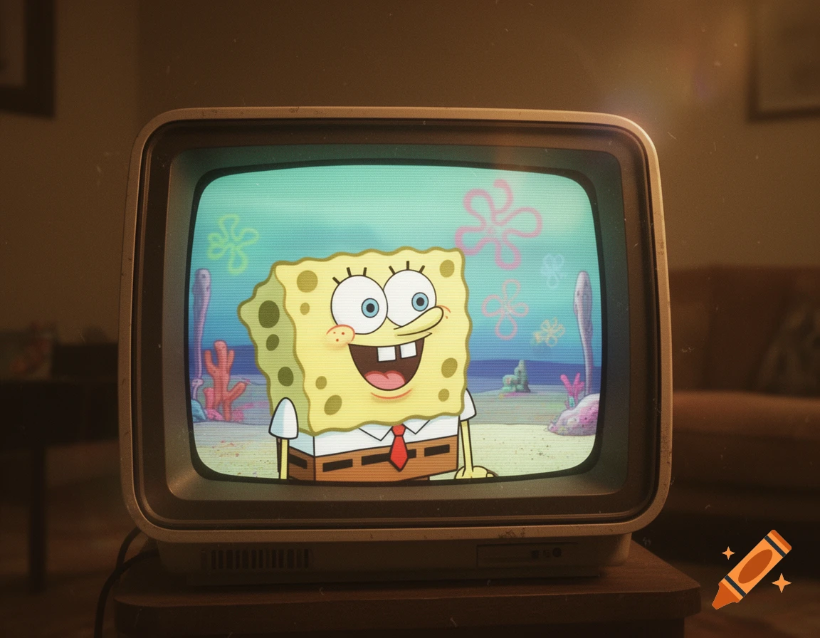 Spongebob Squarepants appears on a vintage CRT television screen ...