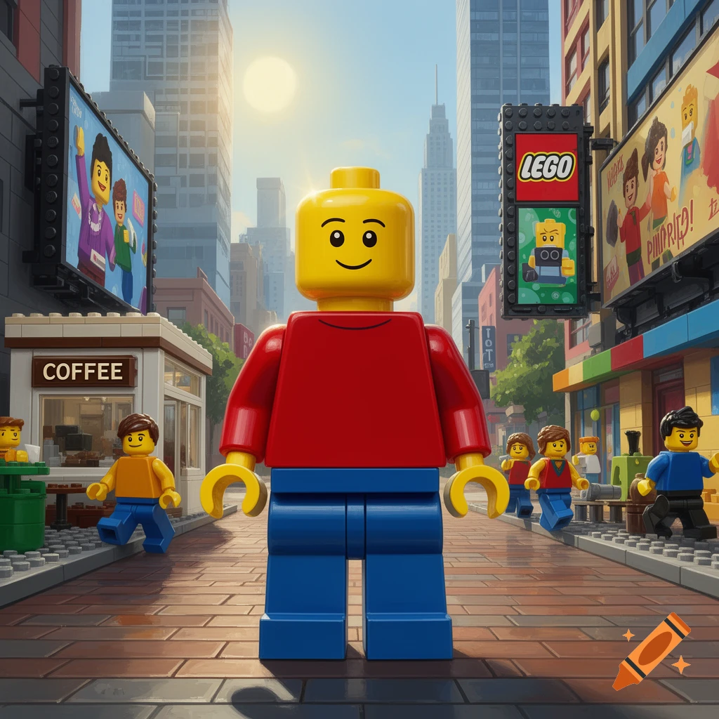 A giant Lego man in a red shirt and blue pants stands on a brick ...