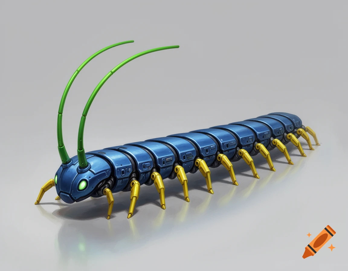A blue robotic centipede with yellow legs and long green antennae ...