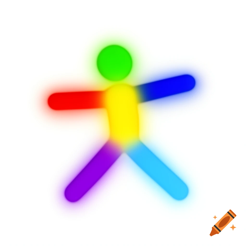 A stylized stick figure in a star pose with glowing, rainbow-colored ...