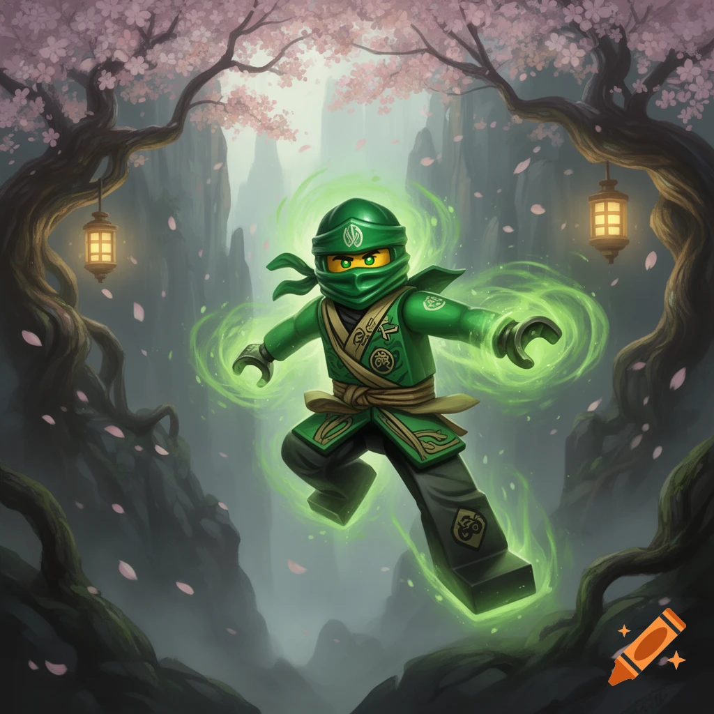 A green ninja character with glowing energy stands in a mystical forest ...