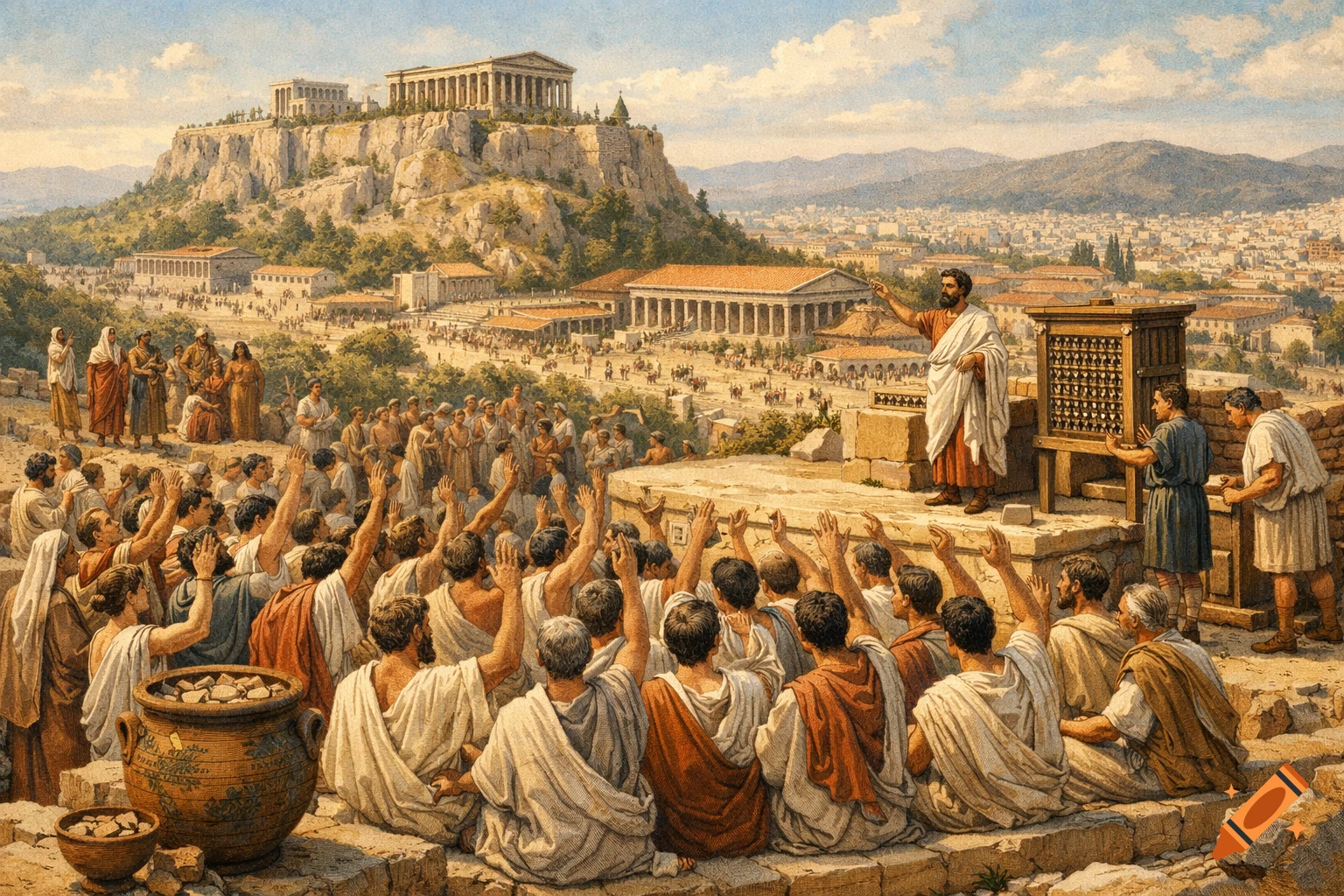 A detailed historical painting of an ancient Athenian assembly on the ...