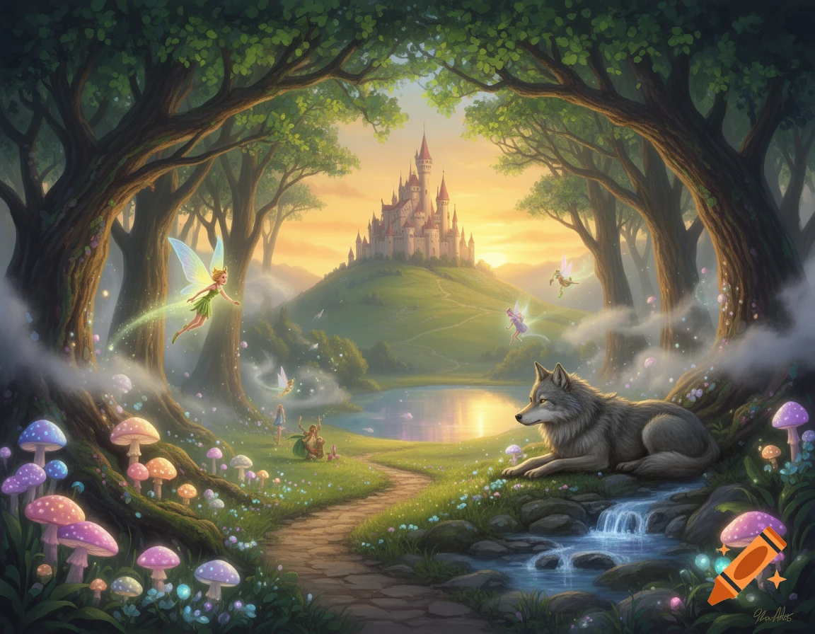 A magical fairytale forest with fairies, a resting wolf, a winding path ...