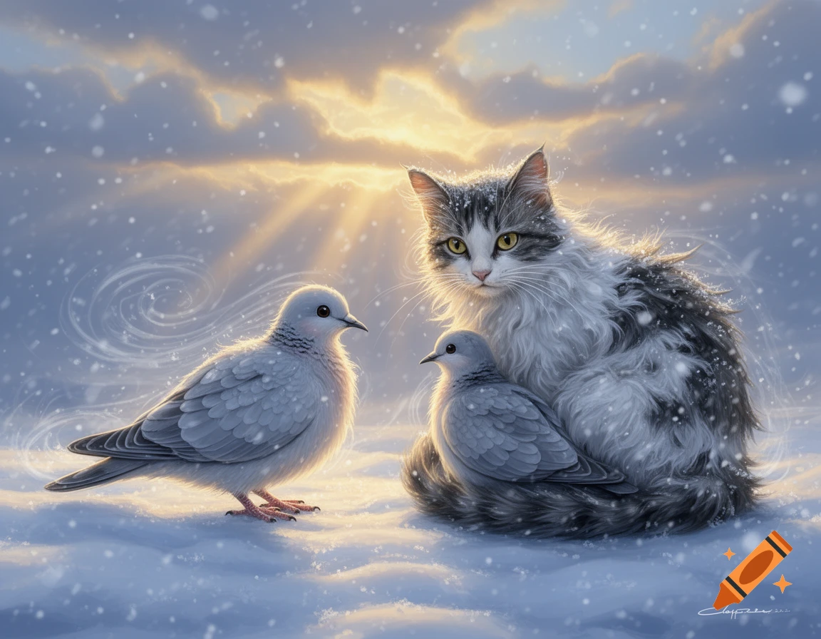 A fluffy cat sits protectively with two doves in a snowy landscape ...