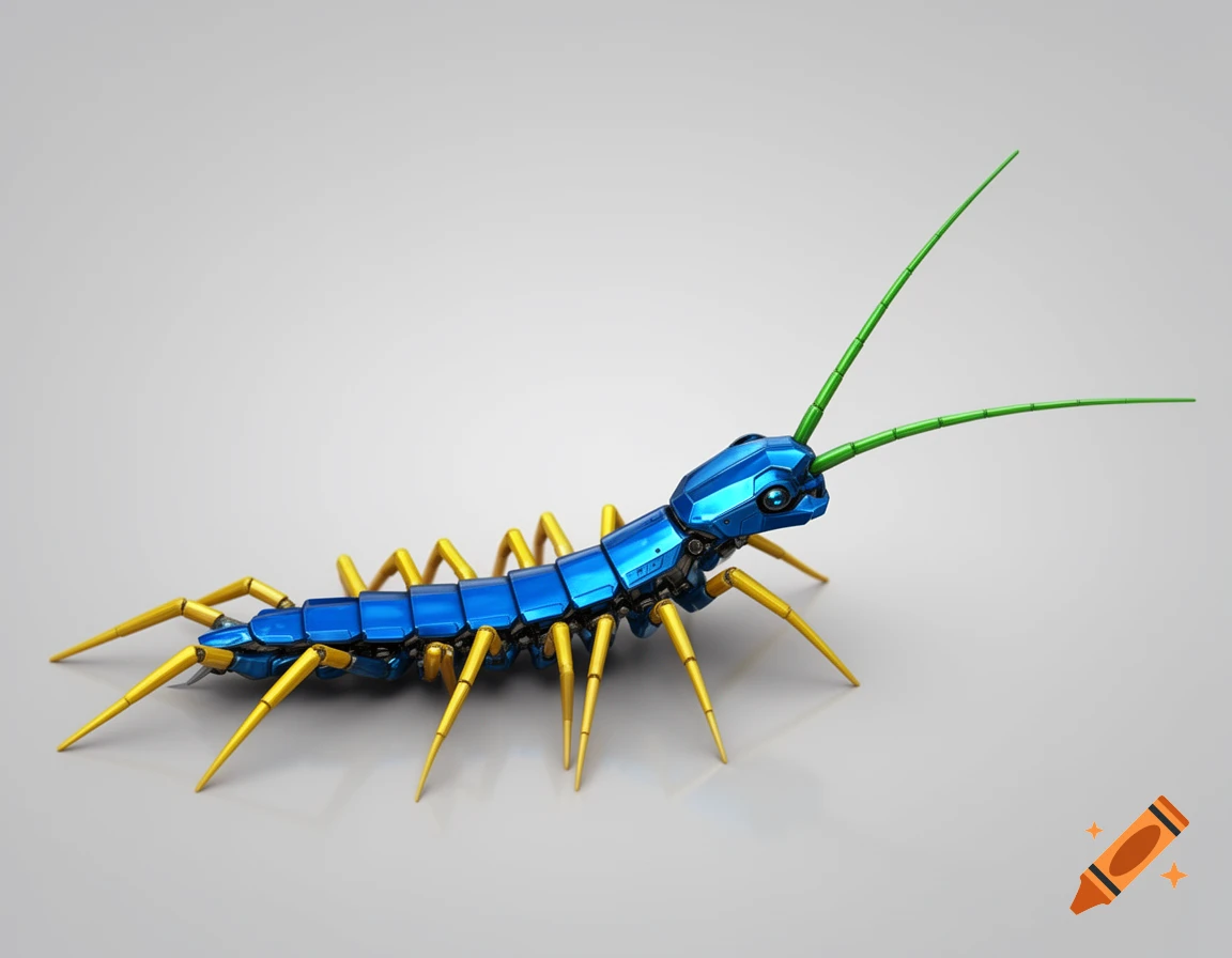 A photorealistic mechanical blue centipede with long yellow legs and ...