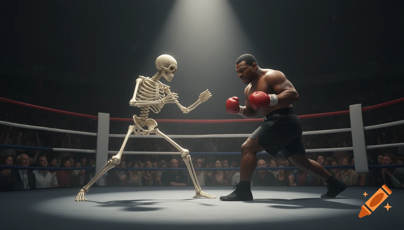 A skeleton and Mike Tyson face off in a boxing ring under dramatic ...