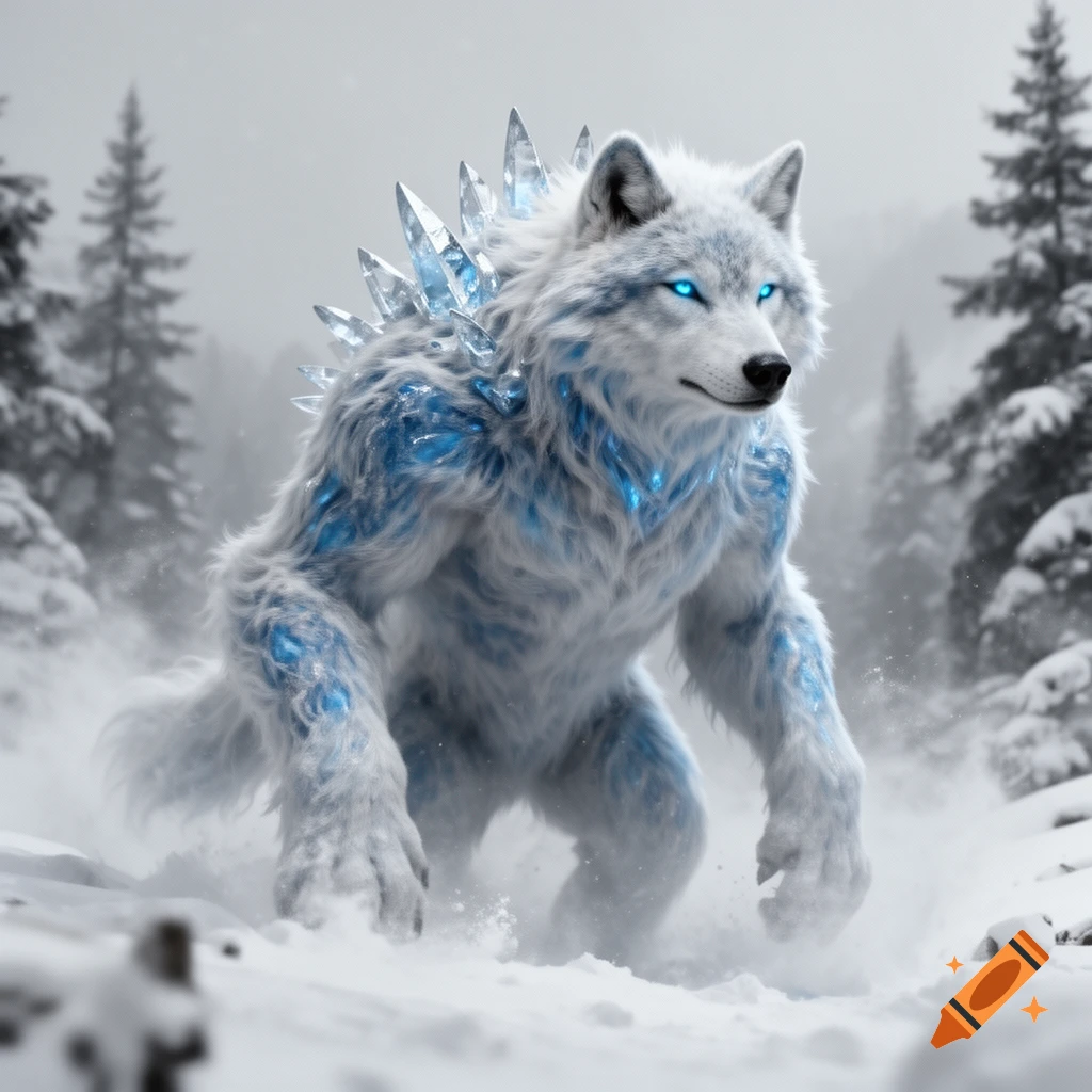 A photorealistic white furred, bipedal wolf-like creature with glowing ...