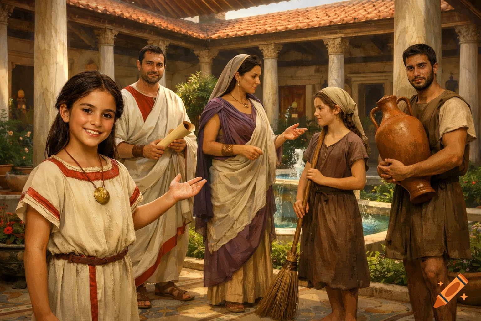 A Roman family and servants in a peristyle house courtyard, with a ...