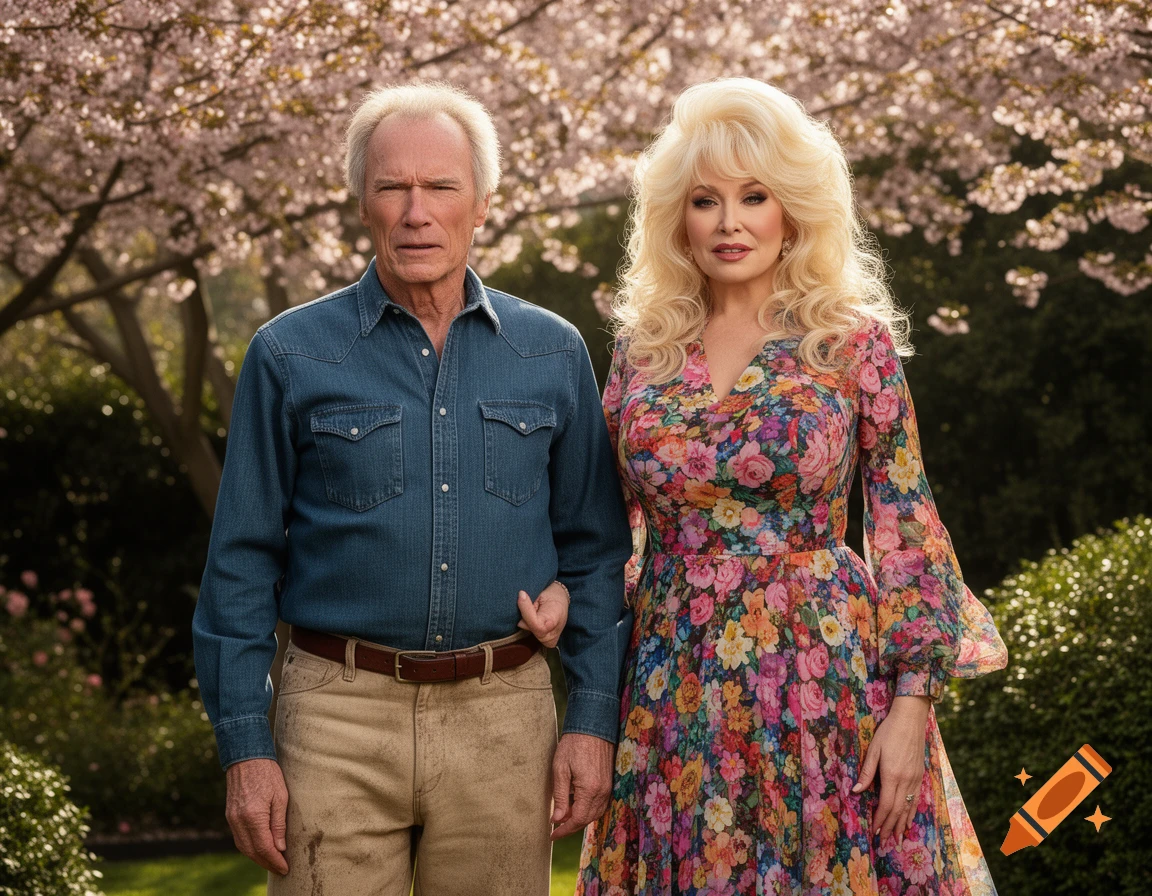 Clint Eastwood in a denim shirt and Dolly Parton in a floral dress ...