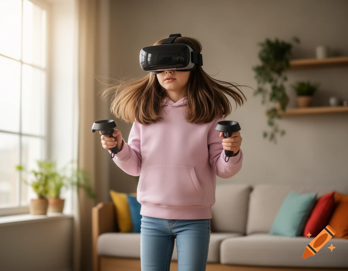 A young girl with brown hair wears a black VR headset and holds ...