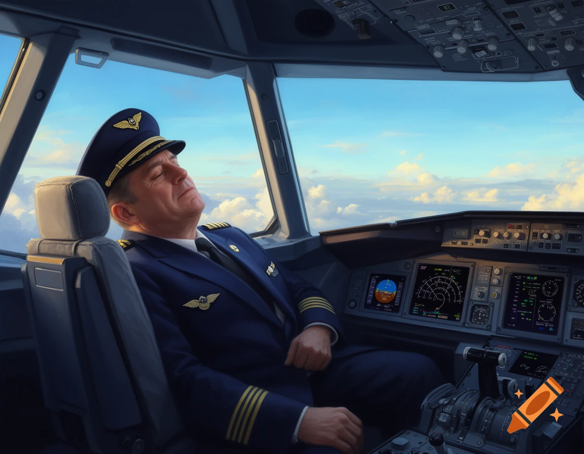 Photorealistic image of a male pilot sleeping in an airplane cockpit ...
