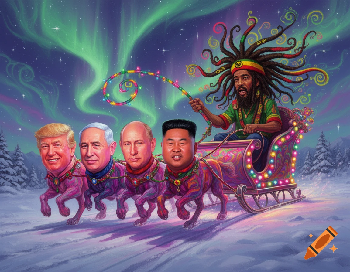 Psychedelic illustration of a Rastafarian on a sleigh pulled by ...