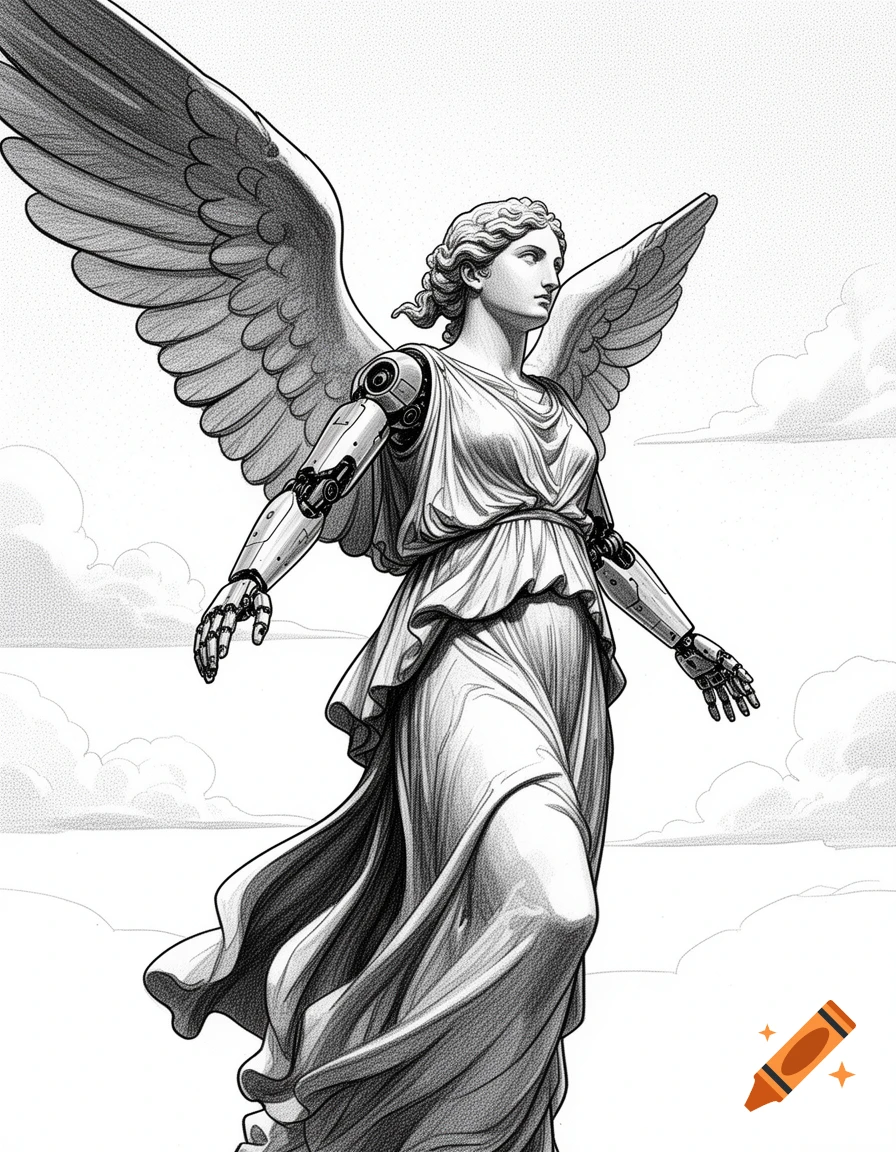 Black and white illustration of a winged classical statue with robotic ...