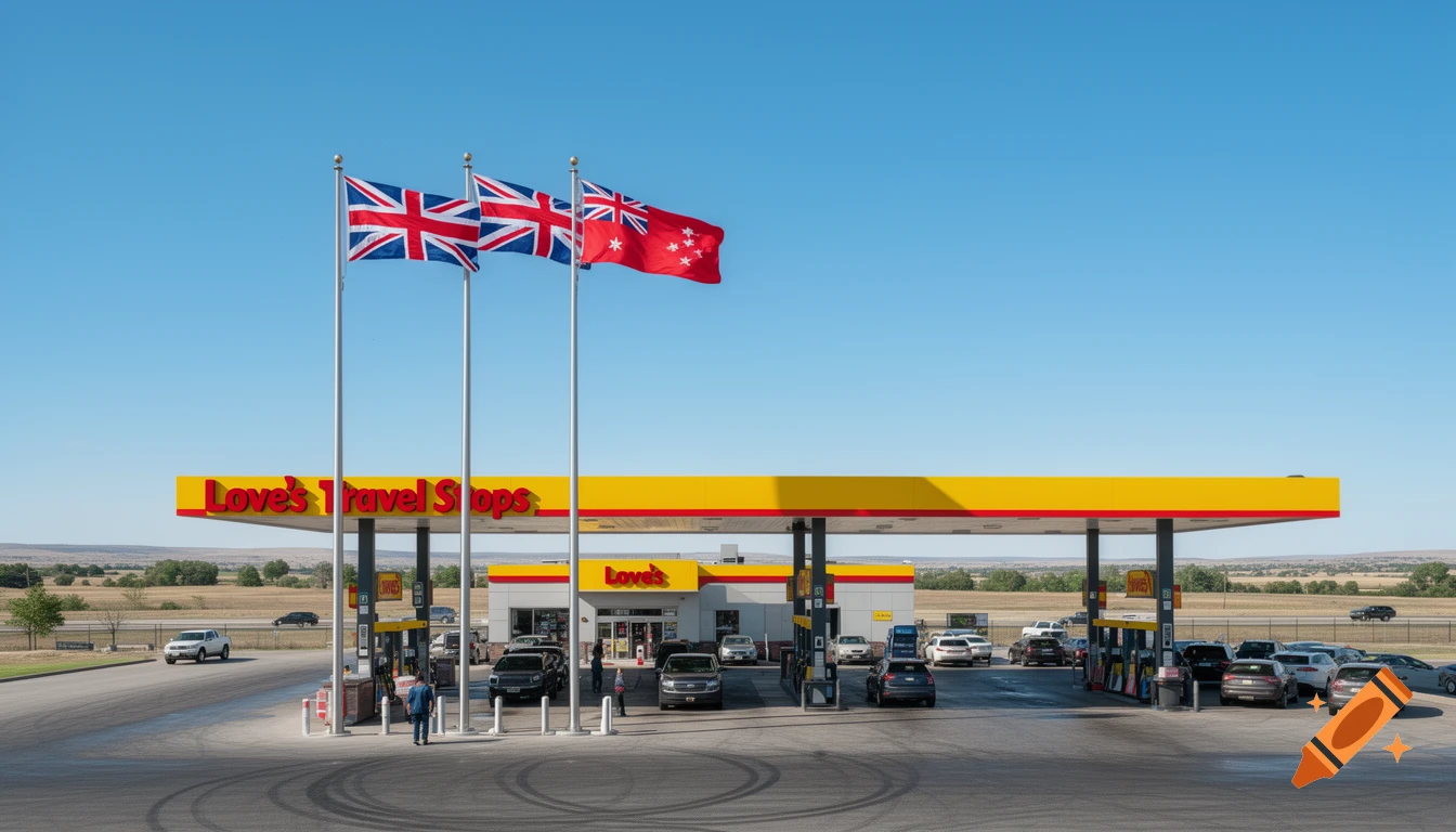 A wide shot of a Love's Travel Stops gas station with multiple cars ...