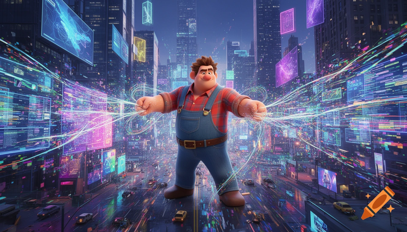Wreck-It Ralph stands in a vibrant digital cityscape filled with data ...