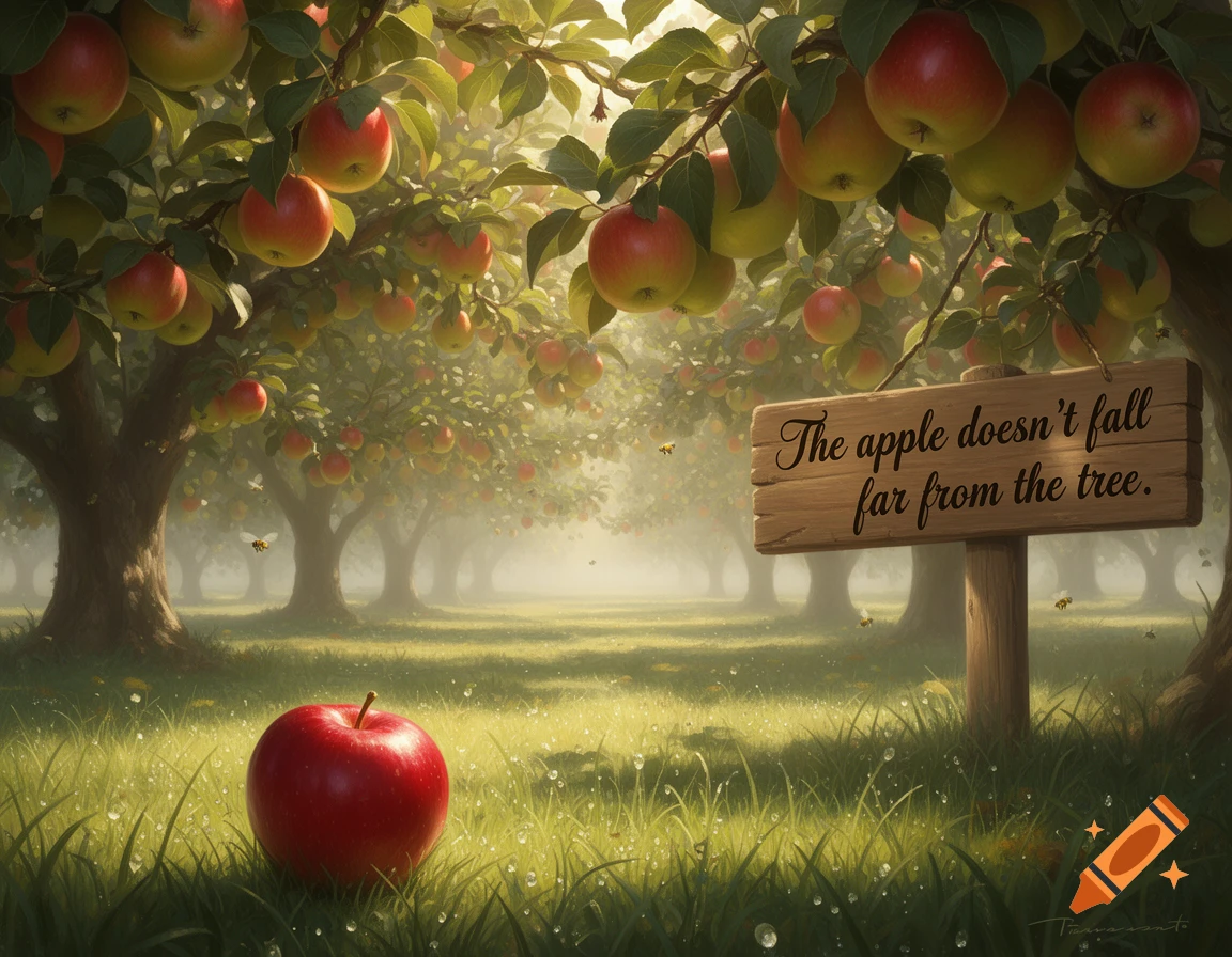 A single red apple rests in dewy grass in a sun-drenched, misty orchard ...