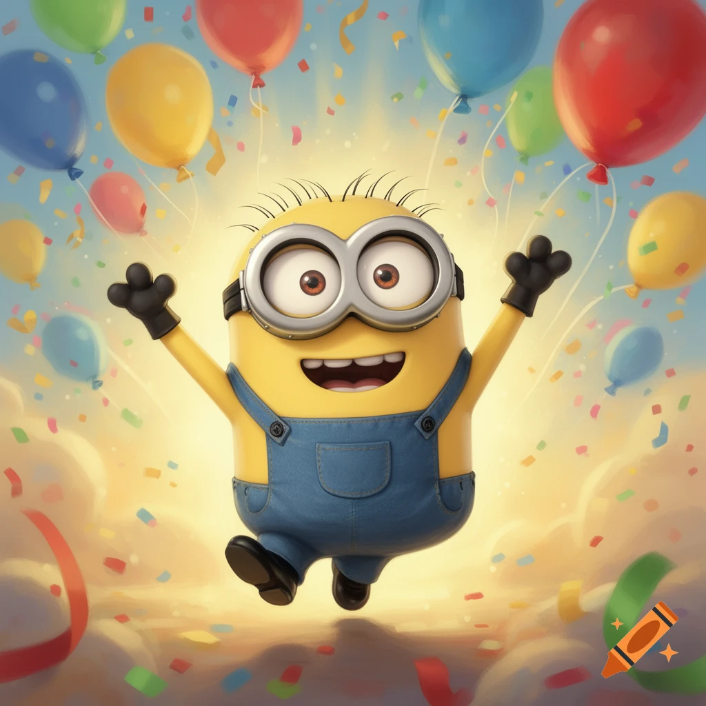 A happy Minion character jumps with arms raised amidst colorful ...