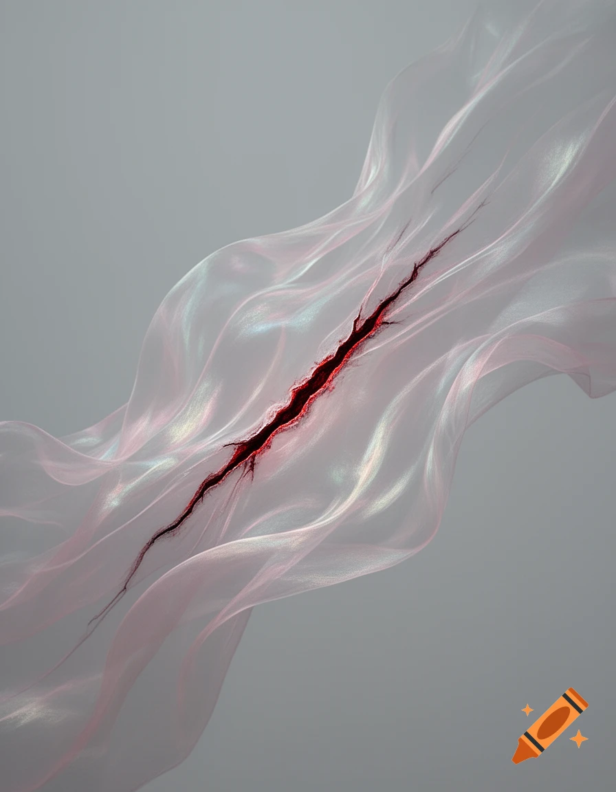 Flowing translucent fabric with a central jagged red scar against a ...