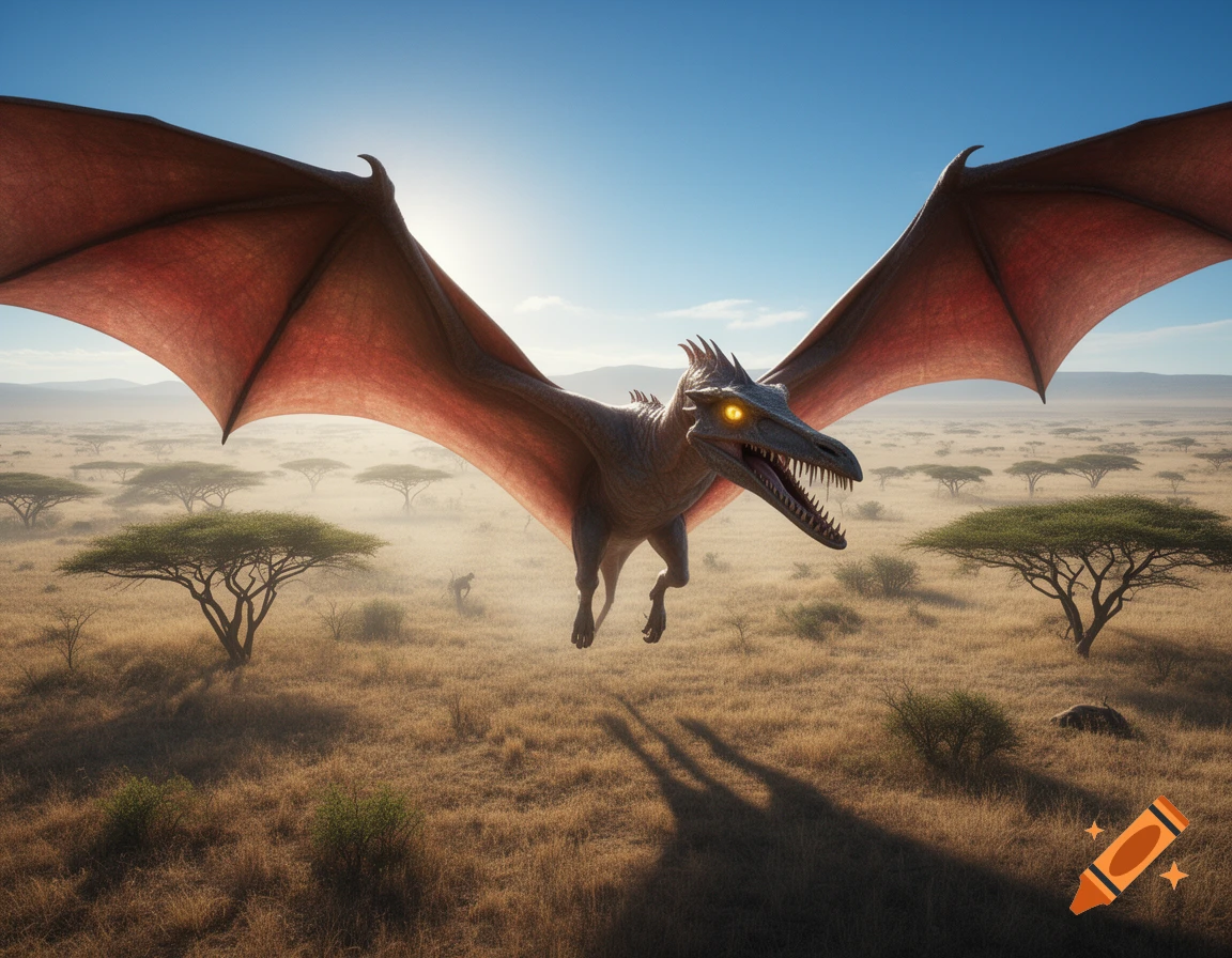 A large, pterodactyl-like creature with red wings and glowing yellow ...