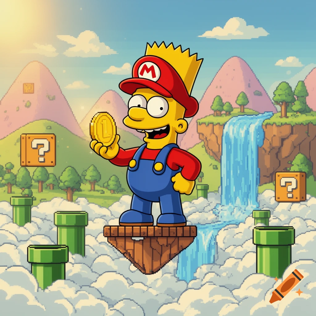 Pixel art illustration of Bart Simpson dressed as Mario, holding a coin ...