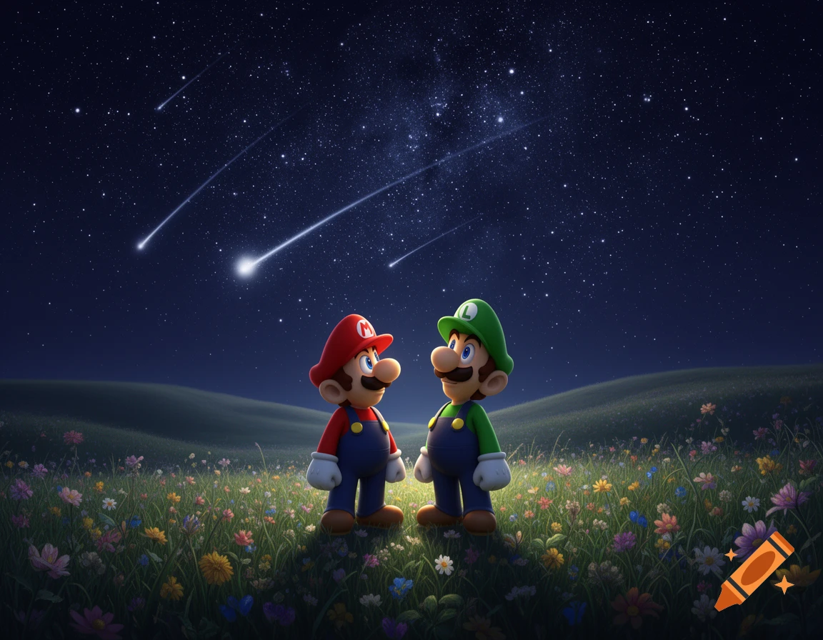 Mario and Luigi stand in a vibrant flower field under a clear, starry ...