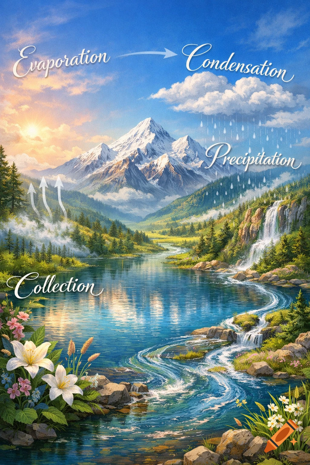 A vibrant illustration of the water cycle over a mountain landscape ...