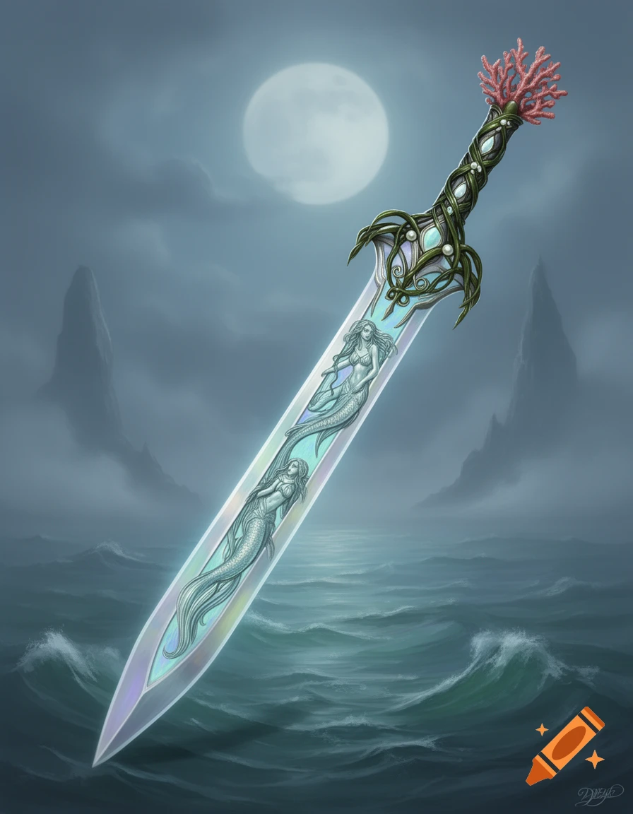 A mythical elven sword with merfolk designs and a coral hilt, glowing ...