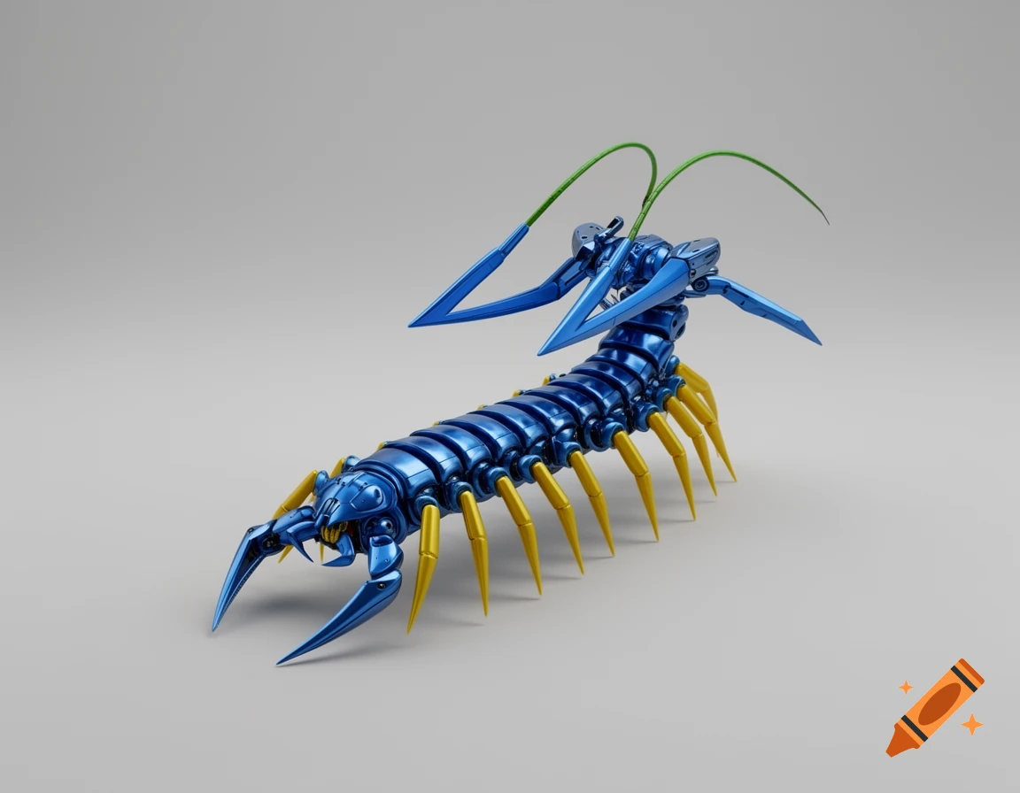 A blue robotic centipede with yellow legs, V-shaped arms, and long ...