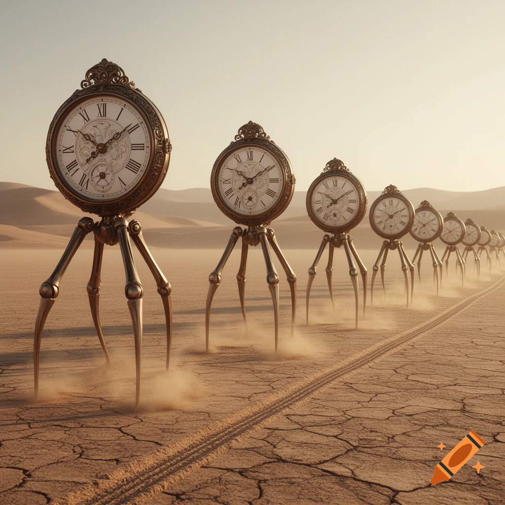 A line of ornate, spider-legged clock faces marching across a cracked ...