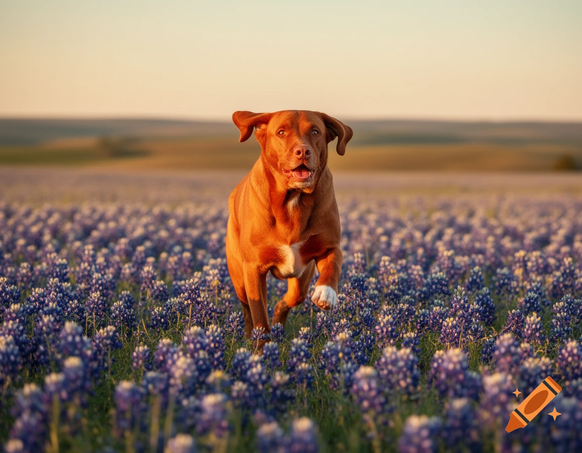 A red Labrador retriever runs through a field of purple bluebonnet ...