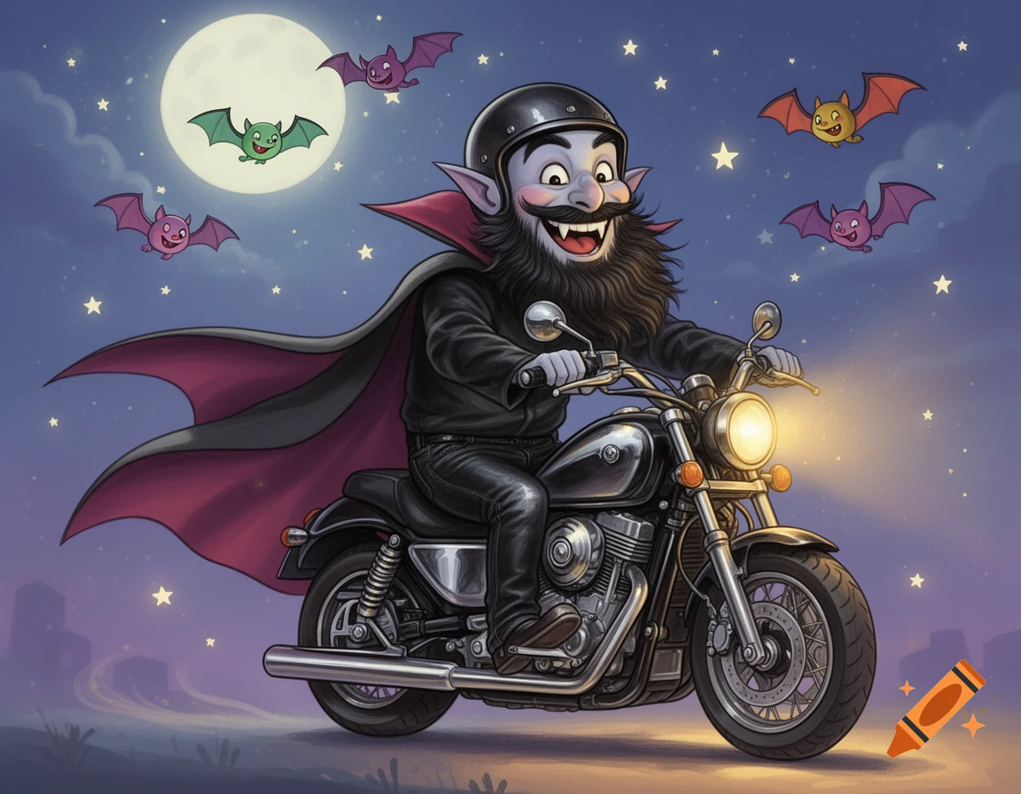Cartoon bearded vampire in a helmet and cape riding a motorcycle under ...