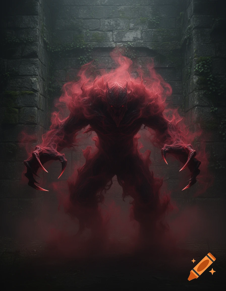 A menacing, shadowy monster made of red mist with glowing eyes and ...