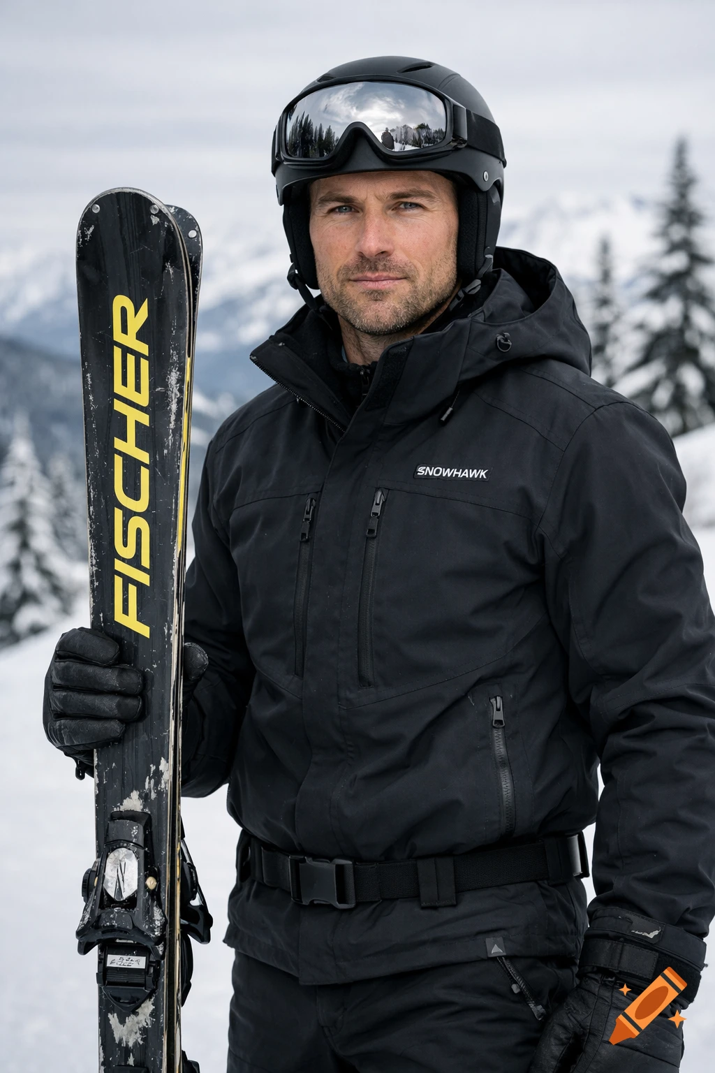 A photorealistic portrait of a male skier in a black jacket and helmet ...
