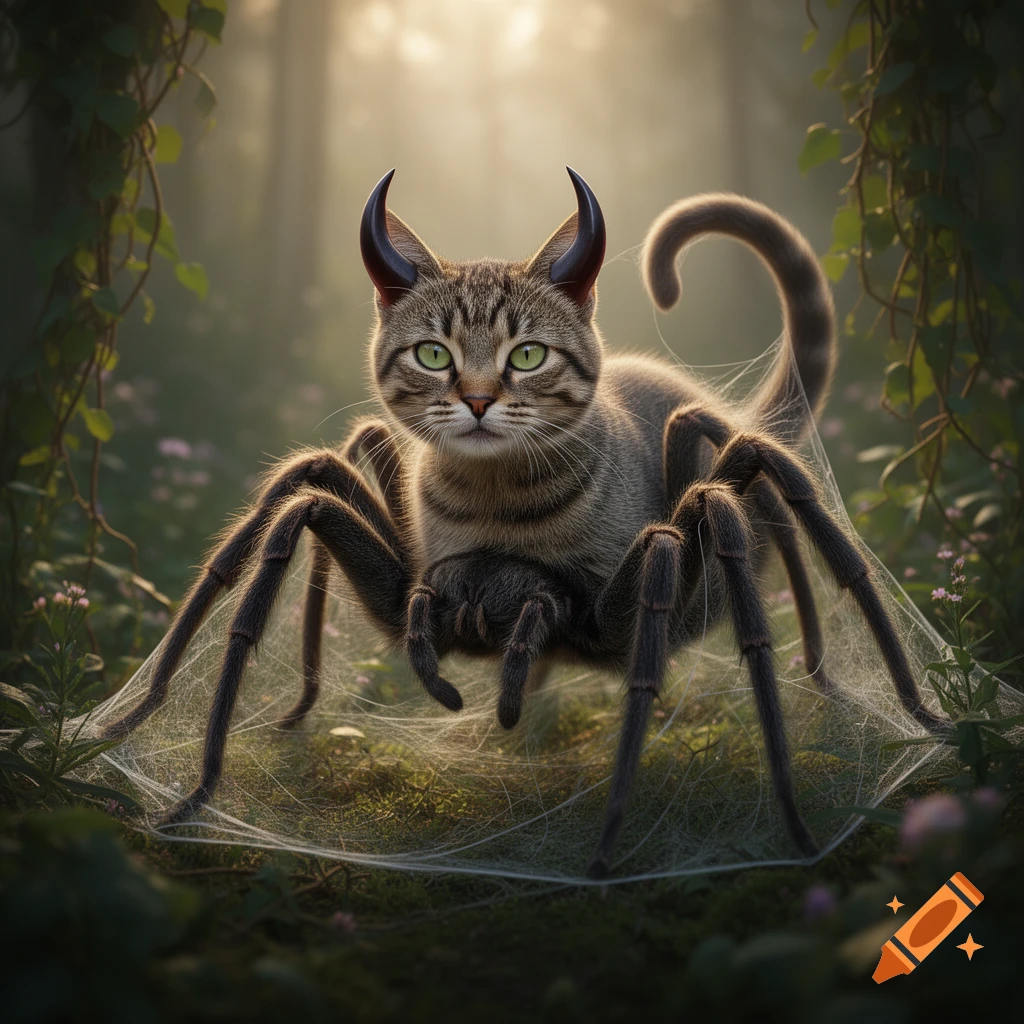 A photorealistic cat-spider hybrid with devil horns and a curled tail ...