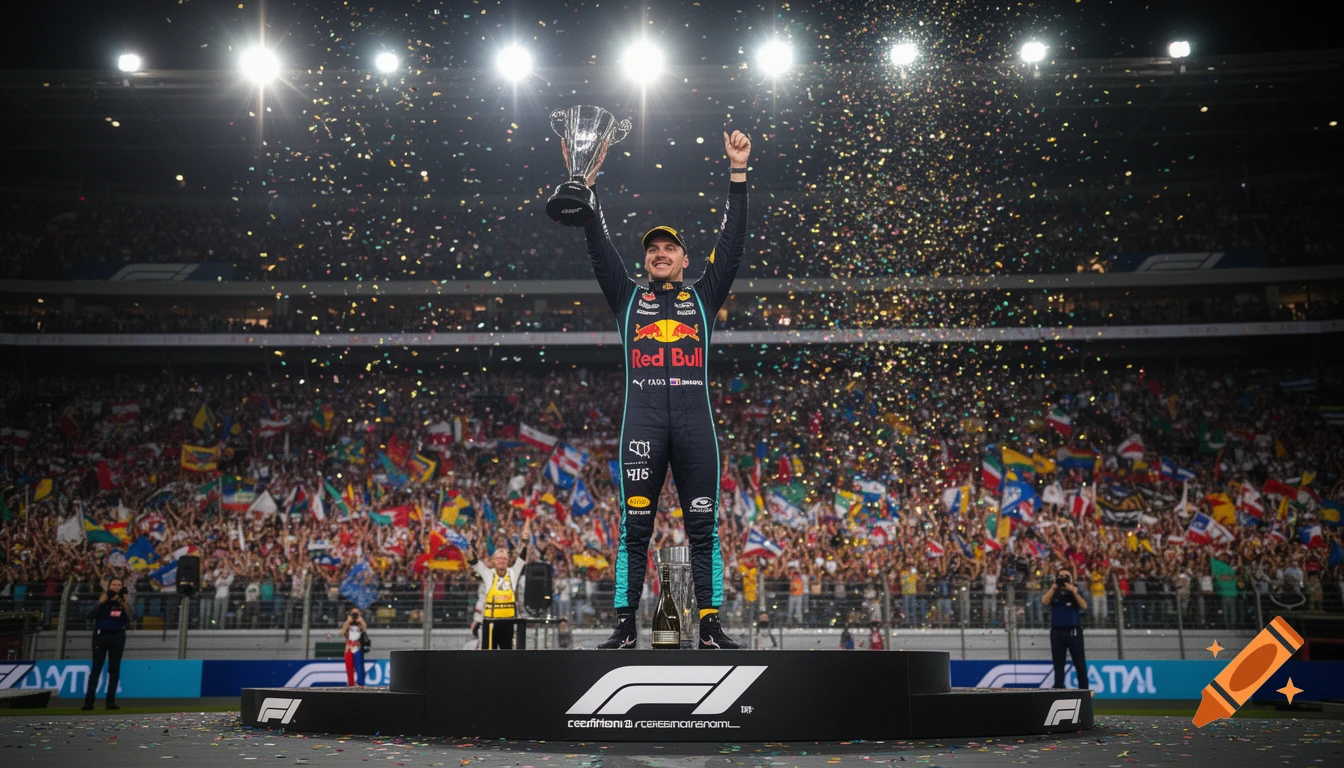 A Formula 1 driver celebrates victory on a podium, holding a trophy ...