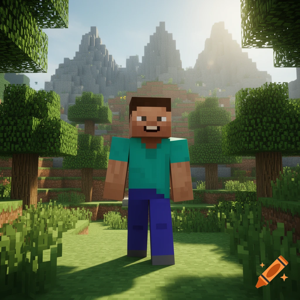 Minecraft character Steve stands in a blocky landscape with trees and ...