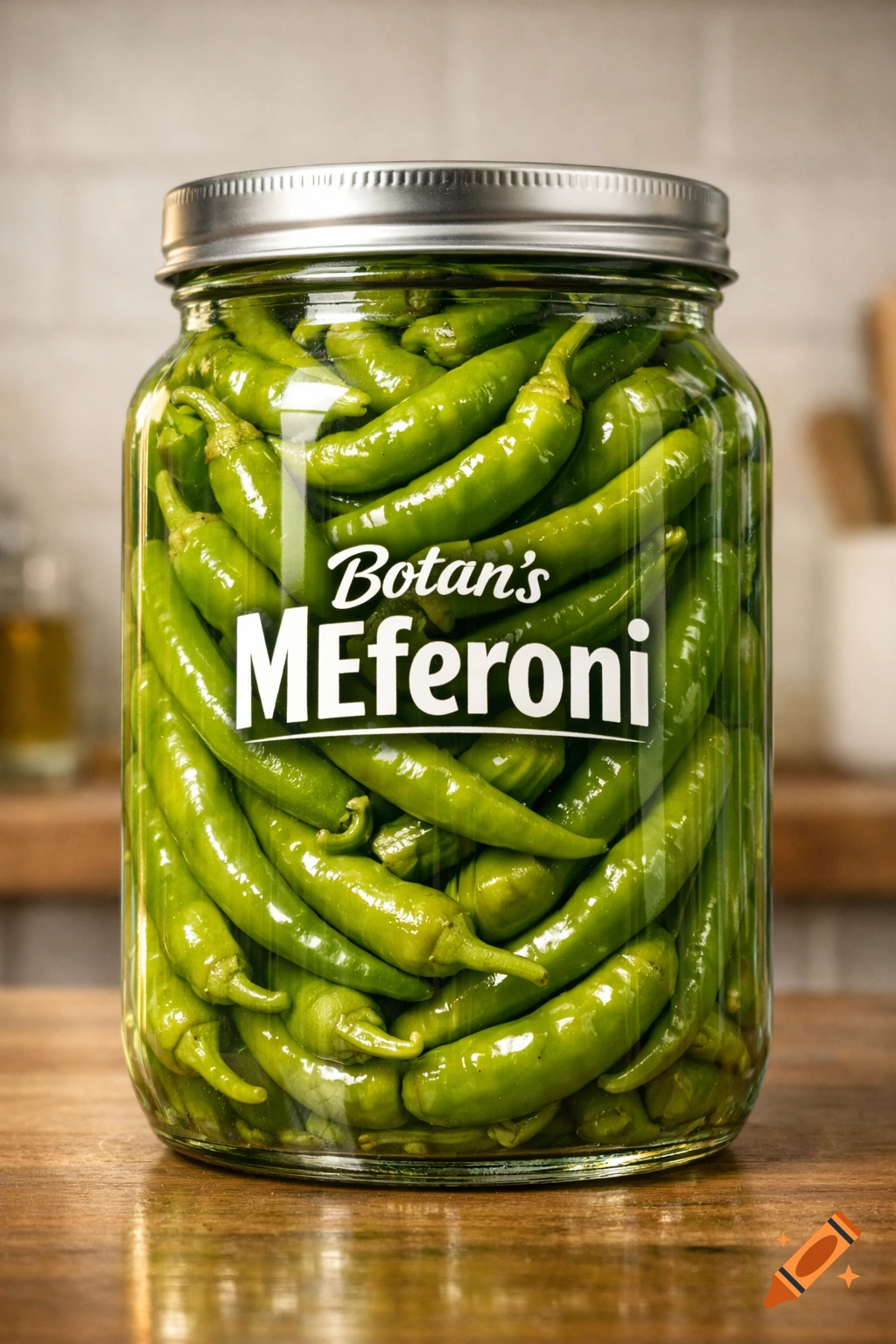 A photorealistic close-up of a glass jar filled with green pickled ...
