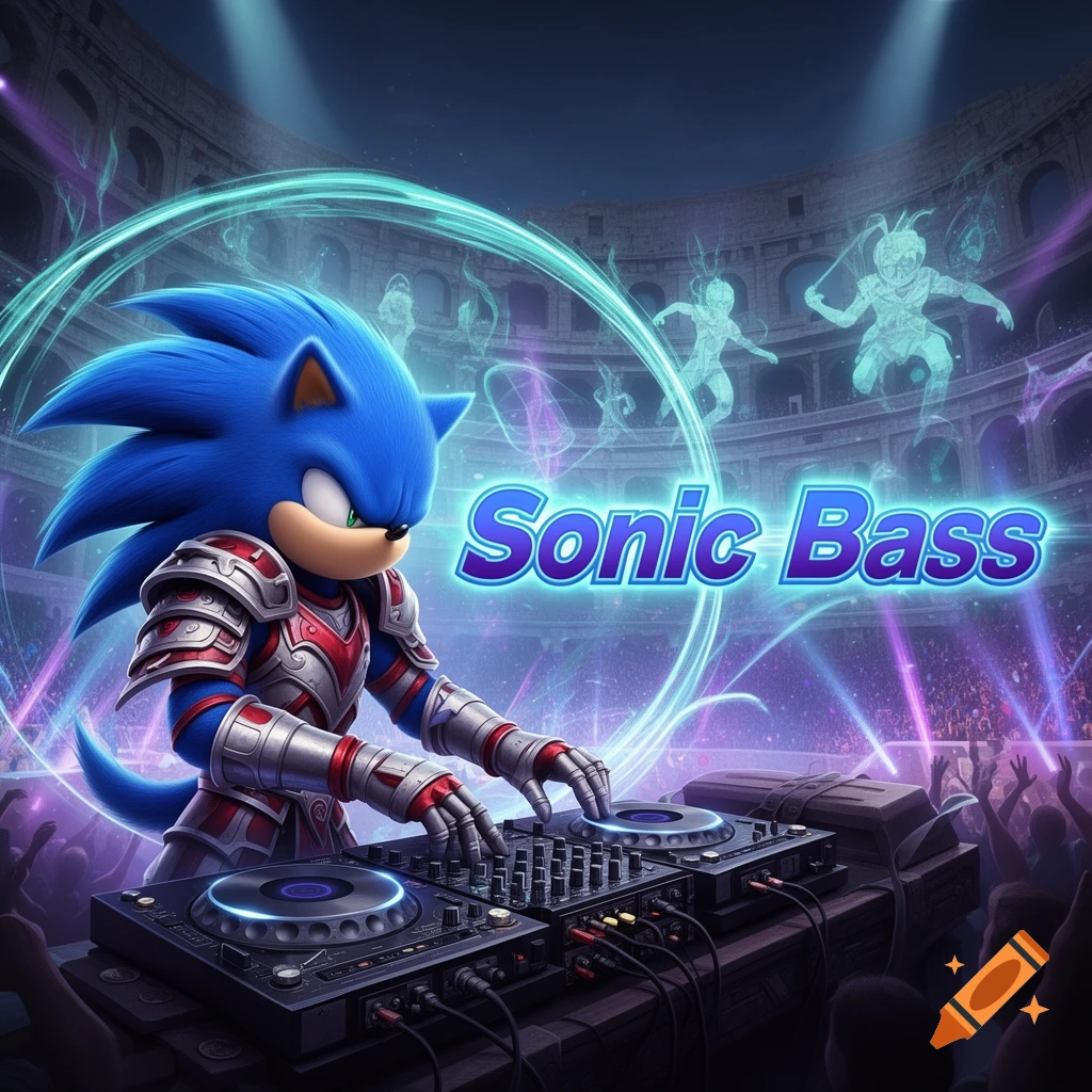 Sonic the Hedgehog in warrior armor, DJing in a futuristic arena with ...