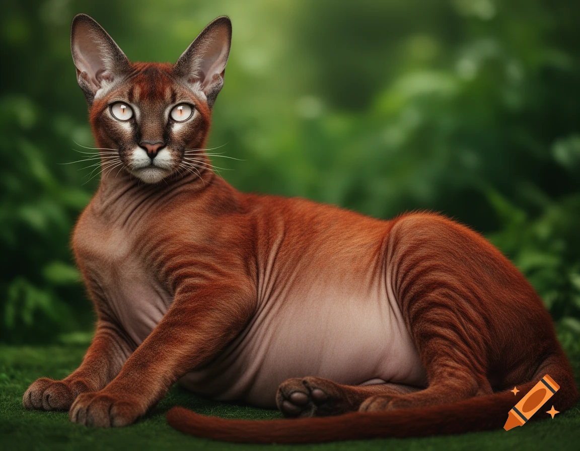 A reddish-orange Sphynx-cougar hybrid cat with bright eyes and wrinkled ...