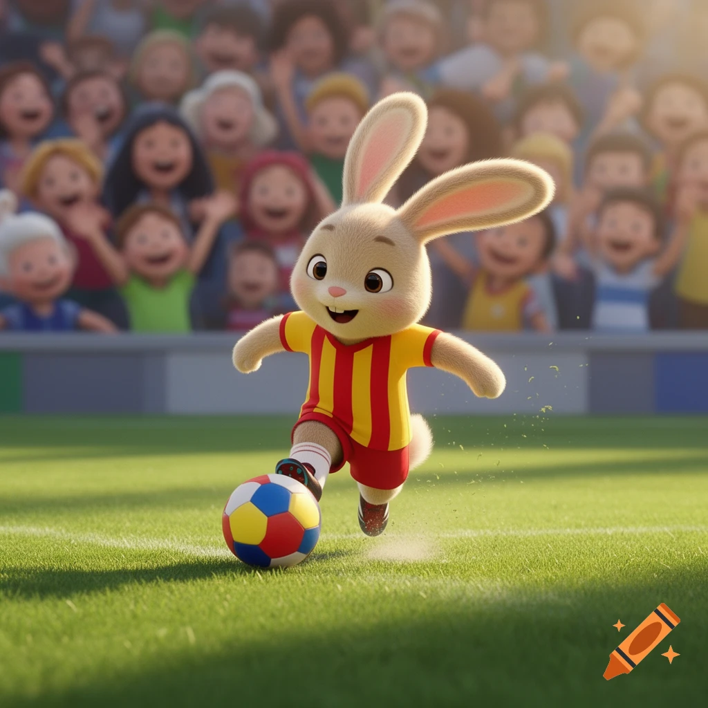 A cute cartoon rabbit wearing a red and yellow striped jersey dribbles ...