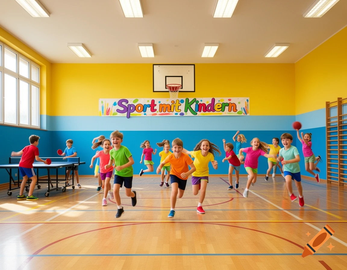 A group of happy children running and playing sports like ping pong and ...