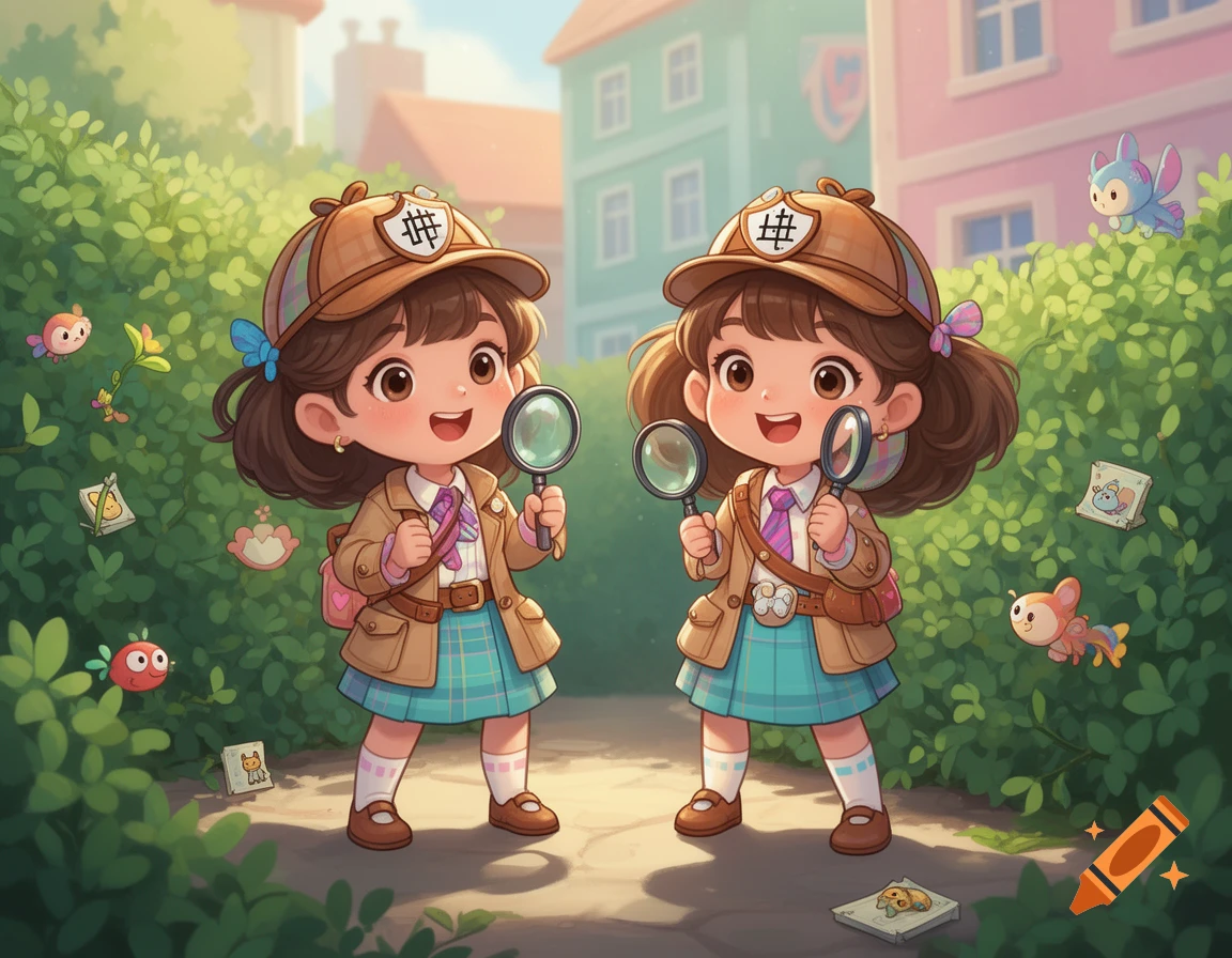 Two cute cartoon little girl detectives, holding magnifying glasses ...