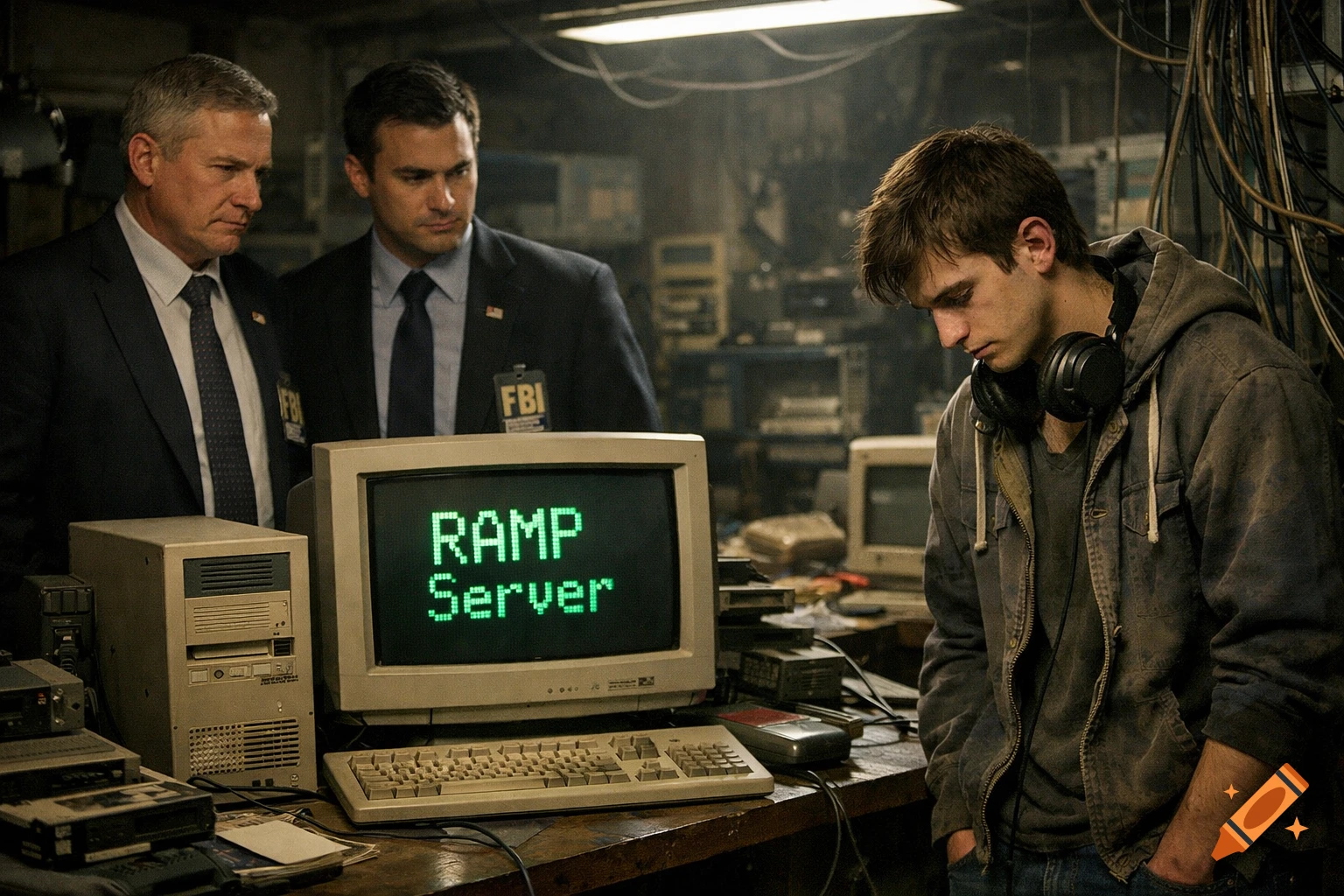 Two FBI agents watch a young hacker look at an old computer displaying ...