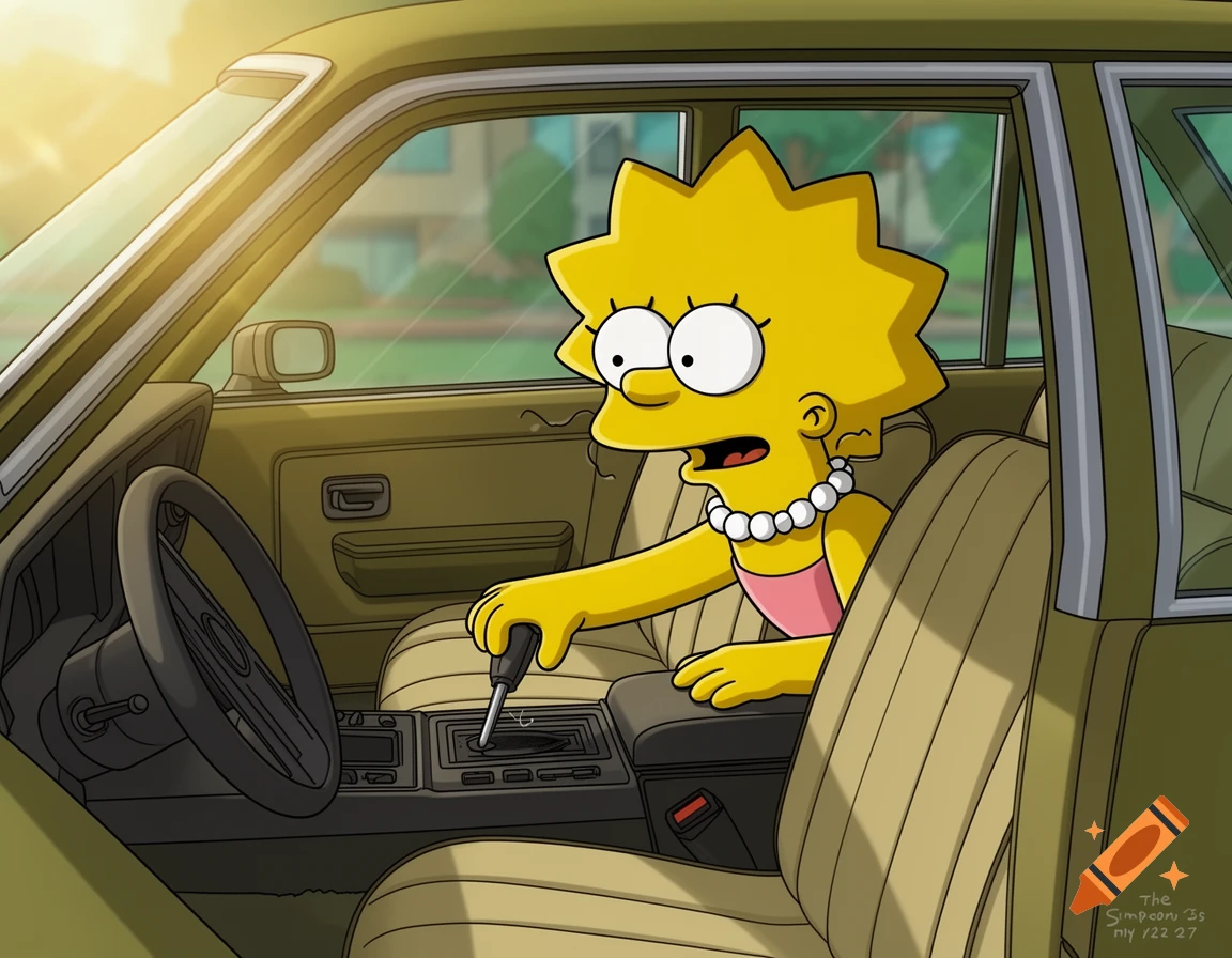 Lisa Simpson, with a surprised expression, sits in the driver's seat of ...