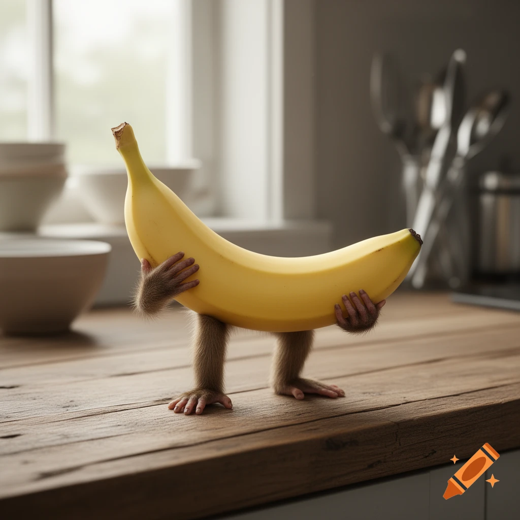 A banana with realistic monkey hands and feet standing on a wooden ...
