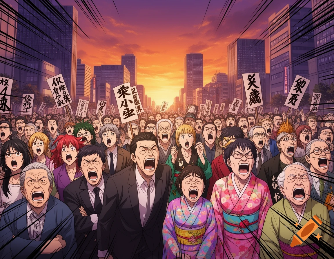 A large crowd of diverse people in anime style, shouting and holding ...